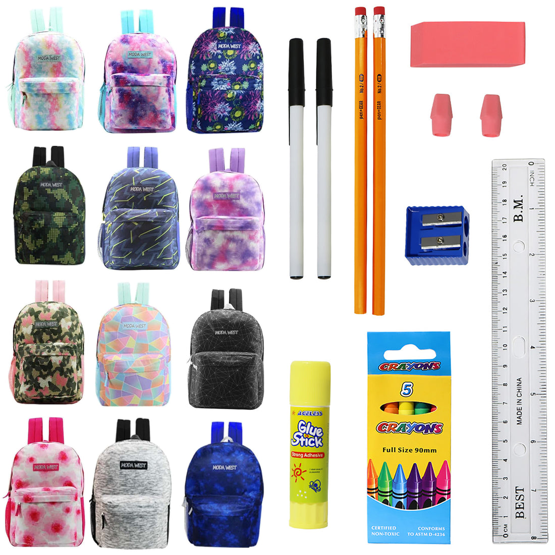 Printed 17" Wholesale Backpacks & Bulk School Supply Kits | 12 of Each