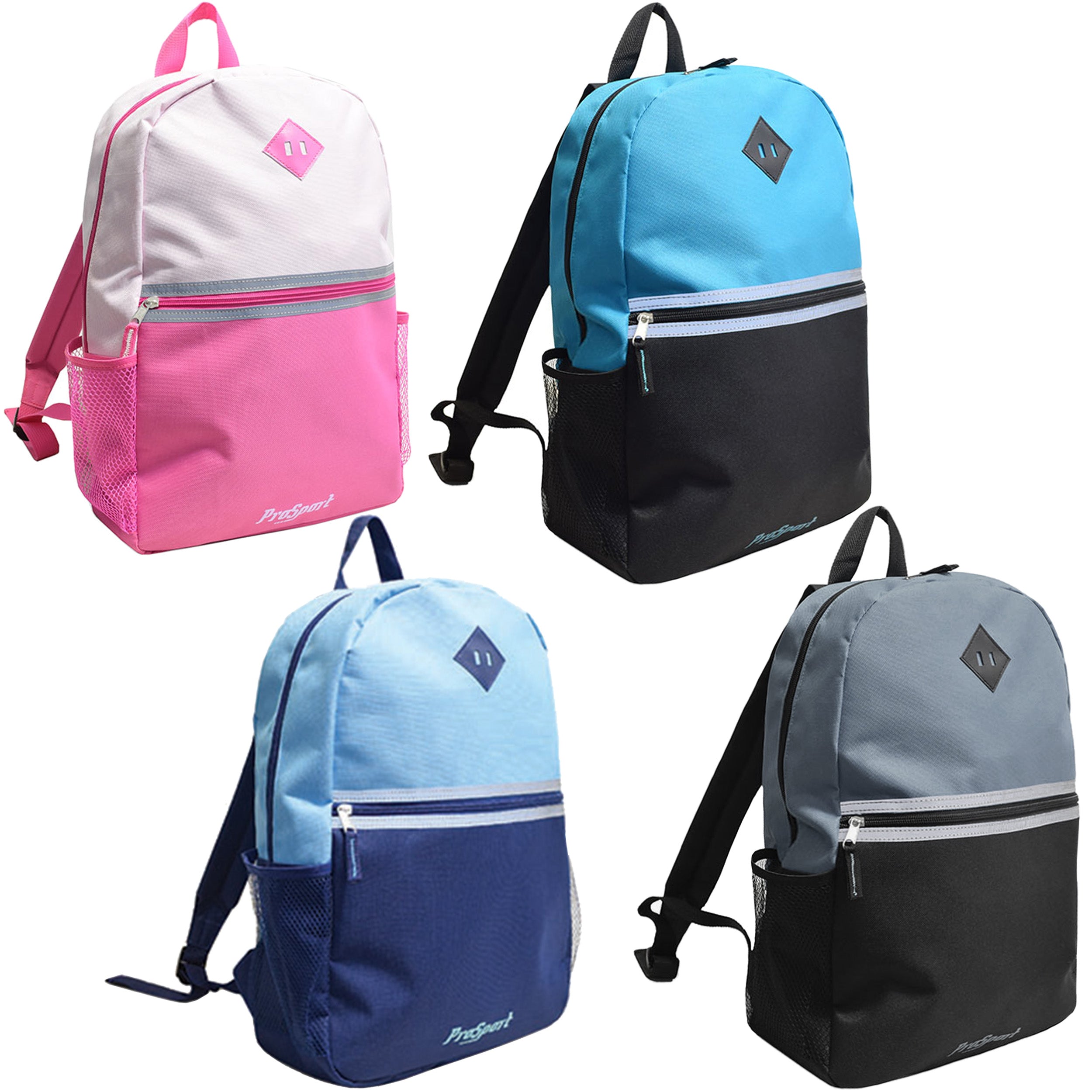 17" Diamond Patch Wholesale Multi Color Backpacks | Mesh Side Pockets