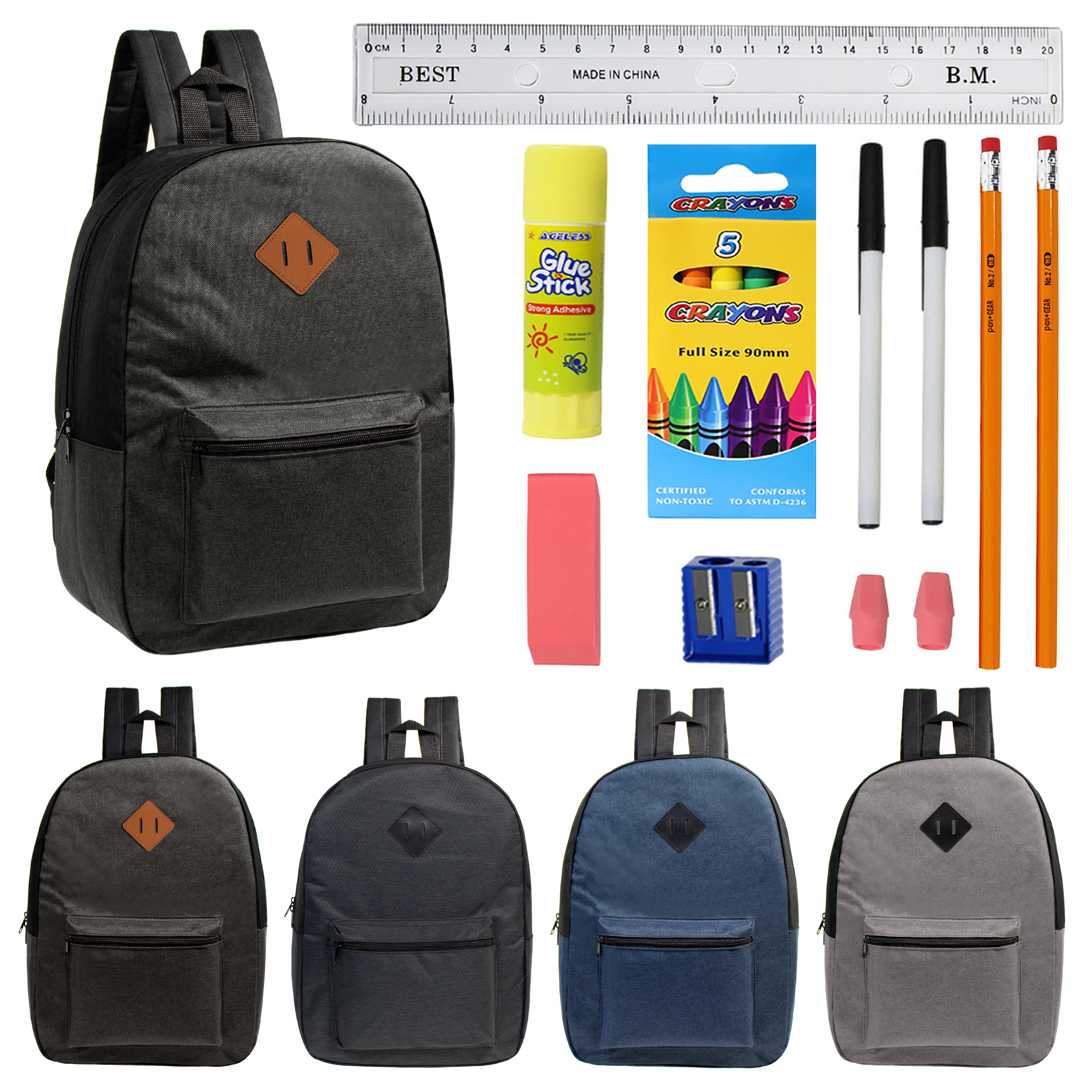17-inch Bulk Backpack and School Supply Kit Combo Comes in 12 Assorted