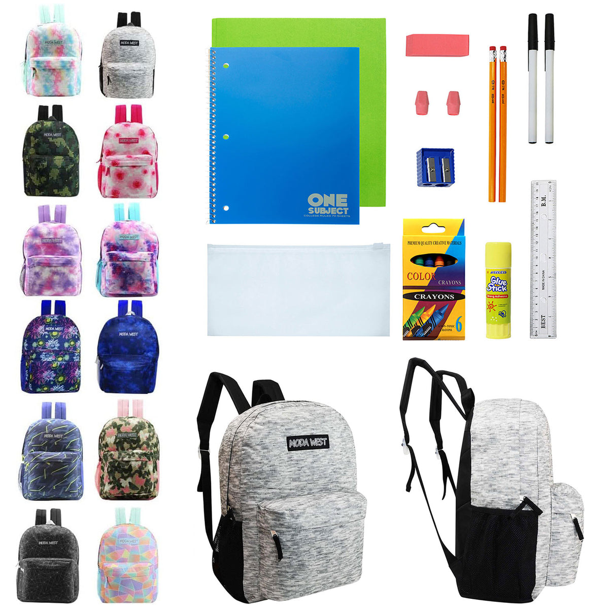 Printed 17" Wholesale Backpacks & Bulk School Supply Kits | 12 of Each