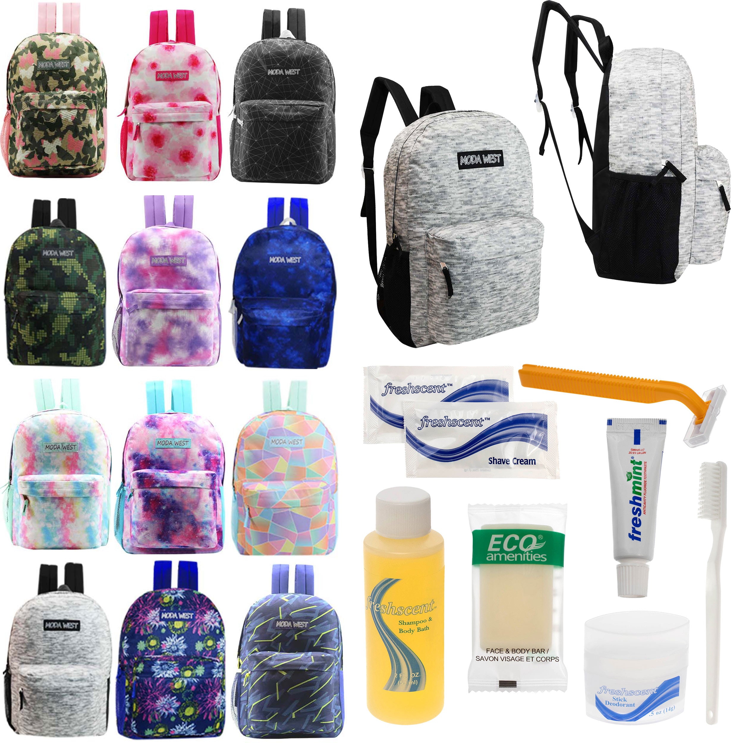 Patterned 17" Wholesale Backpacks & Bulk Hygiene Supplies for Homeless